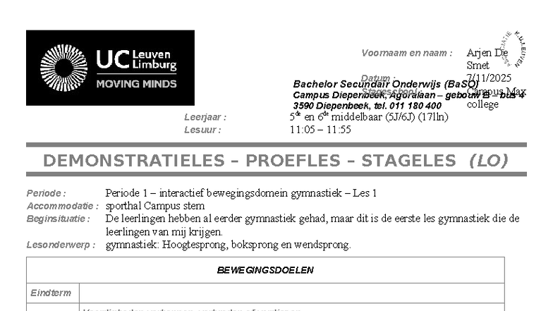 LVB Gymnastiek Proefles (LO) - 5de en 6de middelbaar (BaSO) - Studocu