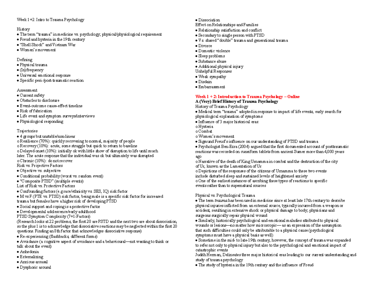 Week 1 & 2: Intro to Trauma Psychology - Key Concepts & Historical ...