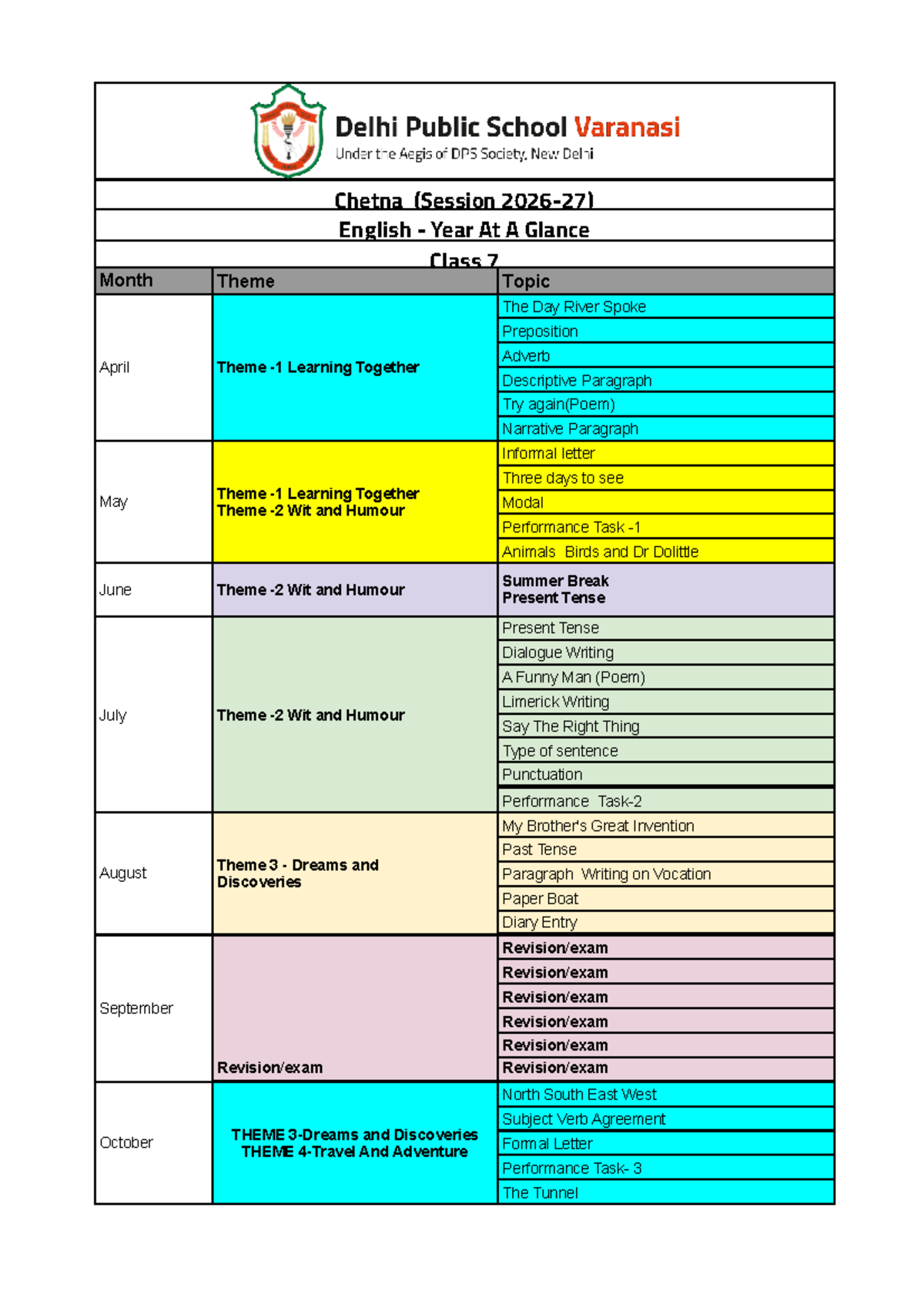 Class 7 Year At A Glance (YAG) 2026-2027: Monthly Themes & Topics - Studocu