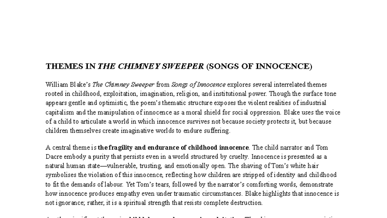 Themes and Character Analysis in Blake's The Chimney Sweeper (Songs of ...