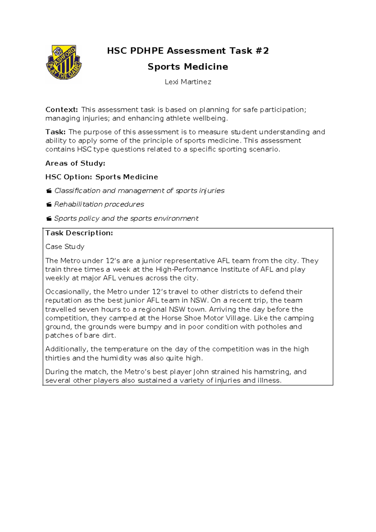 HSC PDHPE Sports Medicine Case Study: Managing Athlete Wellbeing - Studocu