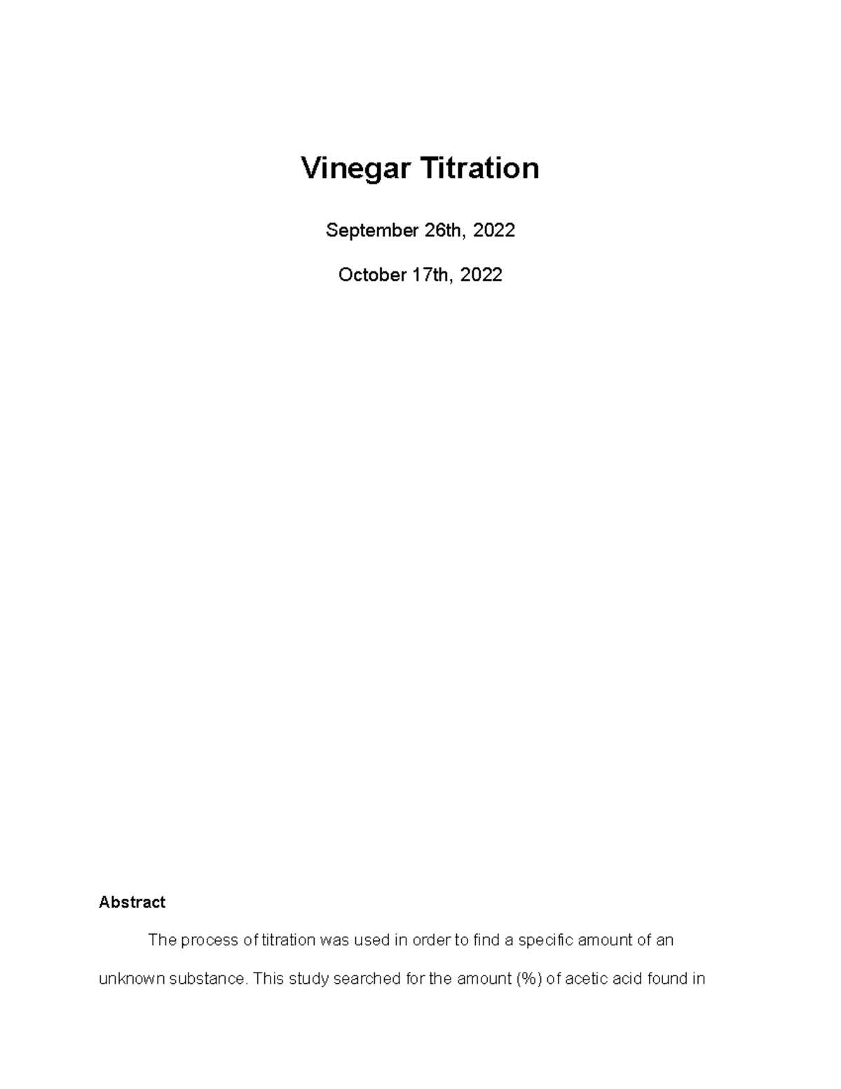 Lab Report - Vinegar Titration for Acetic Acid Concentration Analysis ...