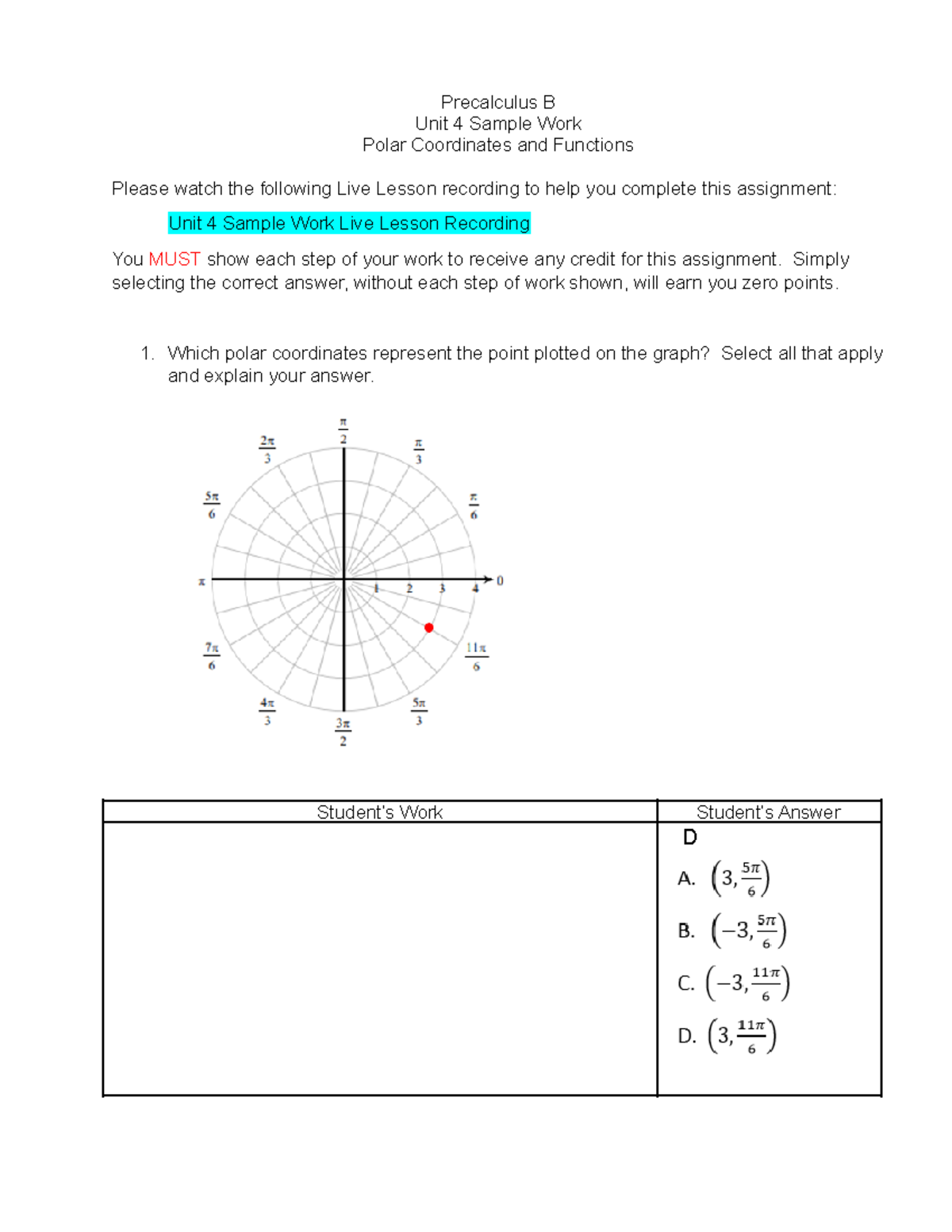Copy of Precalculus B - U4 Polar Coordinates and Functions Sample Work ...