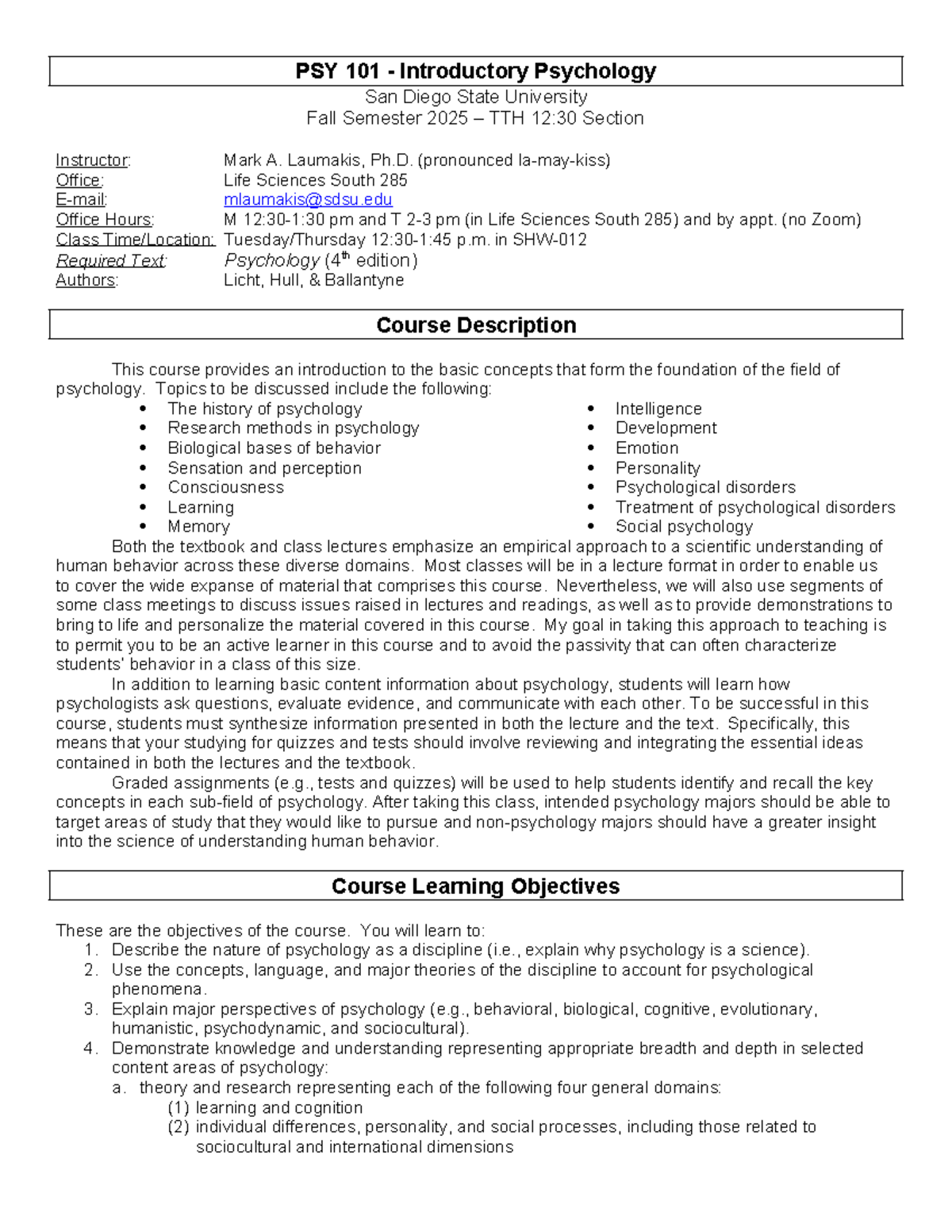 PSY 101 - Introductory Psychology Course Syllabus (Fall 2025) - Studocu