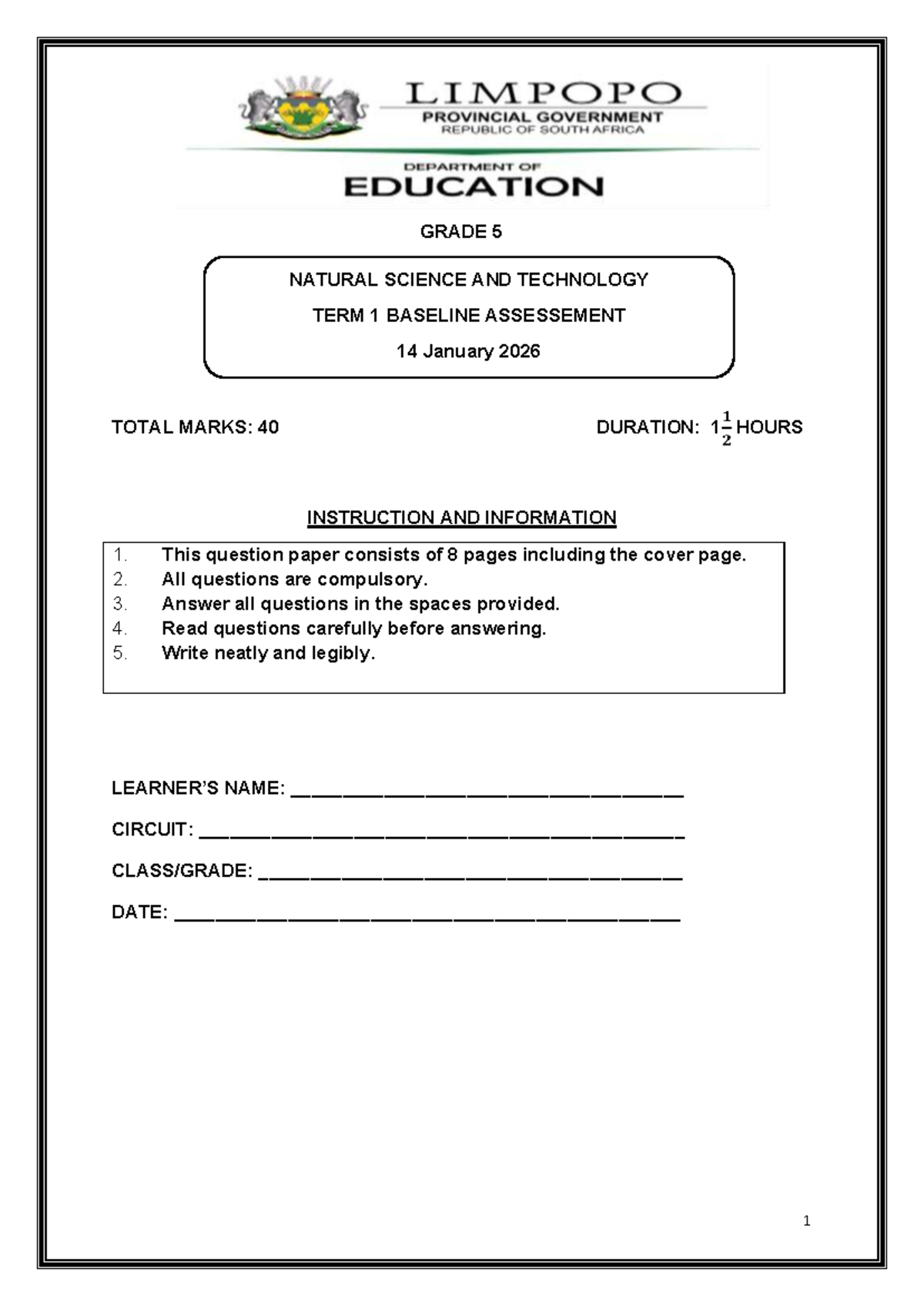 NSTECH GRADE 5 TERM 1 BASELINE ASSESSMENT 2025 - Studocu