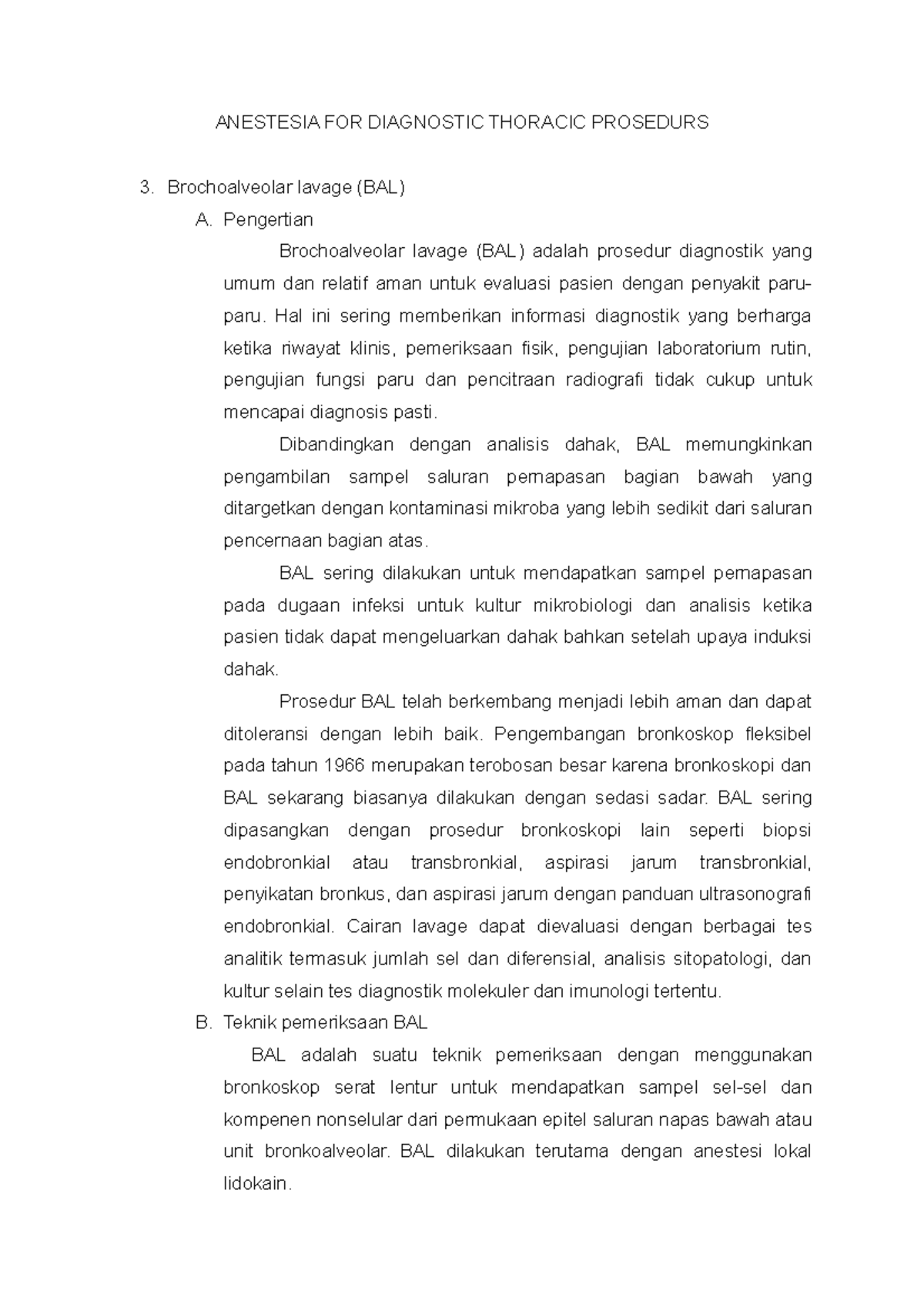 Anestesi Pada Prosedur Bronchoalveolar Lavage (BAL) dan Tekniknya - Studocu