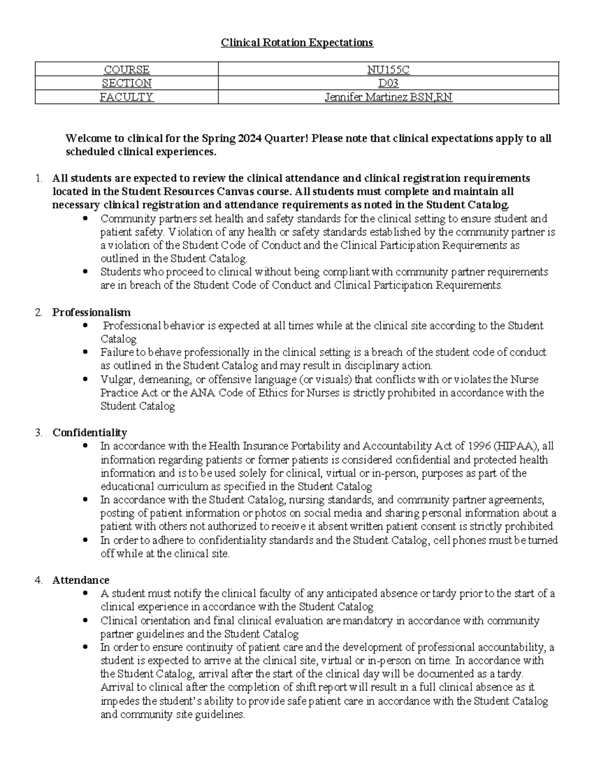 Clinical Expectations Spring 2024 - Clinical Rotation Expectations ...