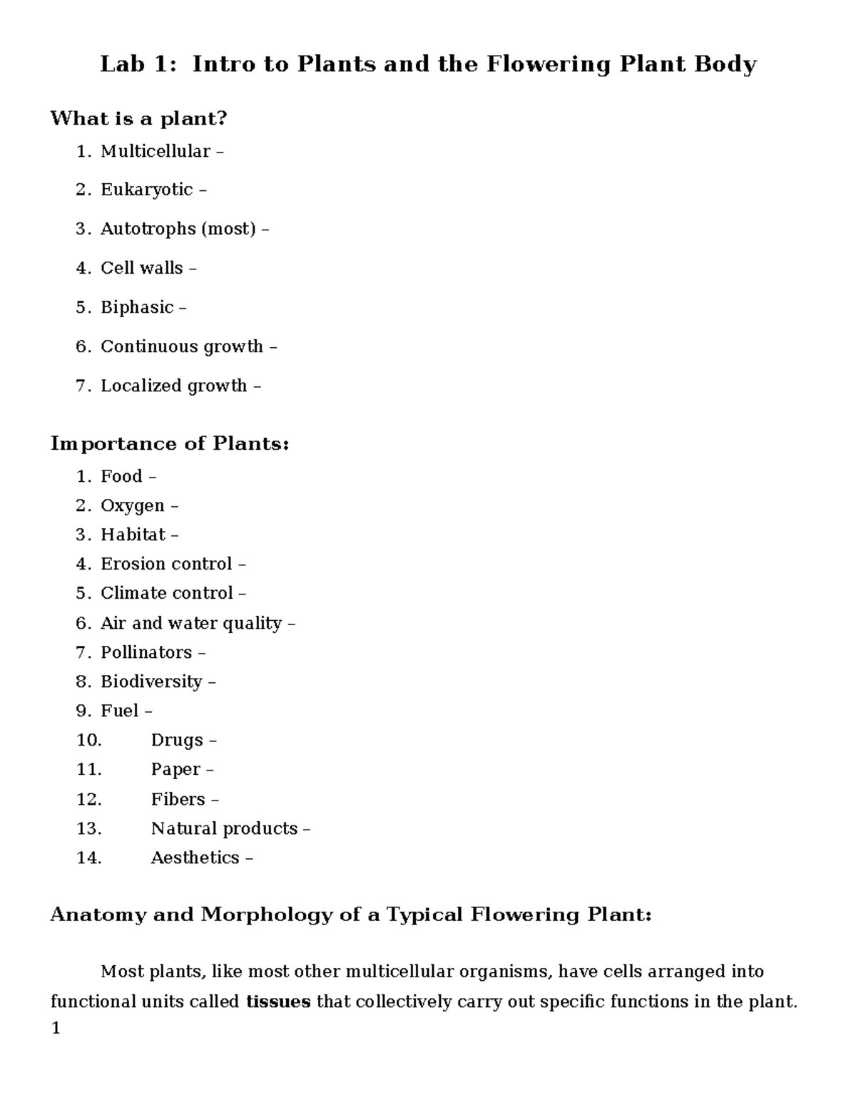 Lab 1: Intro to Flowering Plant Anatomy & Morphology Concepts - Studocu
