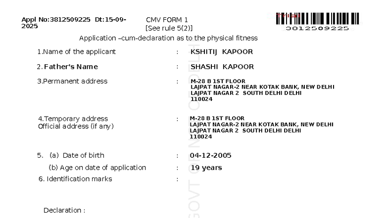 Application for Physical Fitness - CMV Form 1 (Appl No: 3812509225) - Studocu