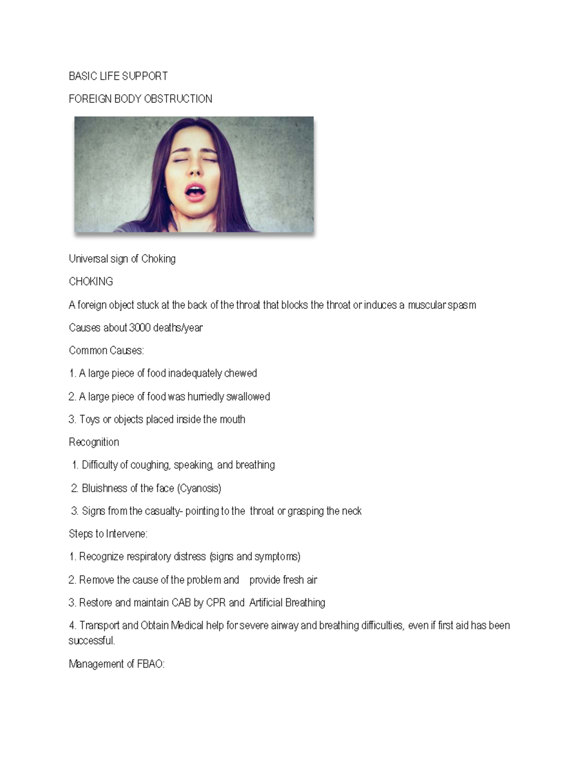 BLS 101: Foreign Body Obstruction & Choking Management Guide - Studocu