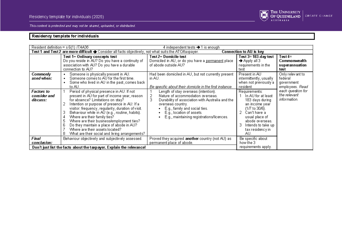 LAWS3101 Residency Template for Individuals (2025) - Studocu