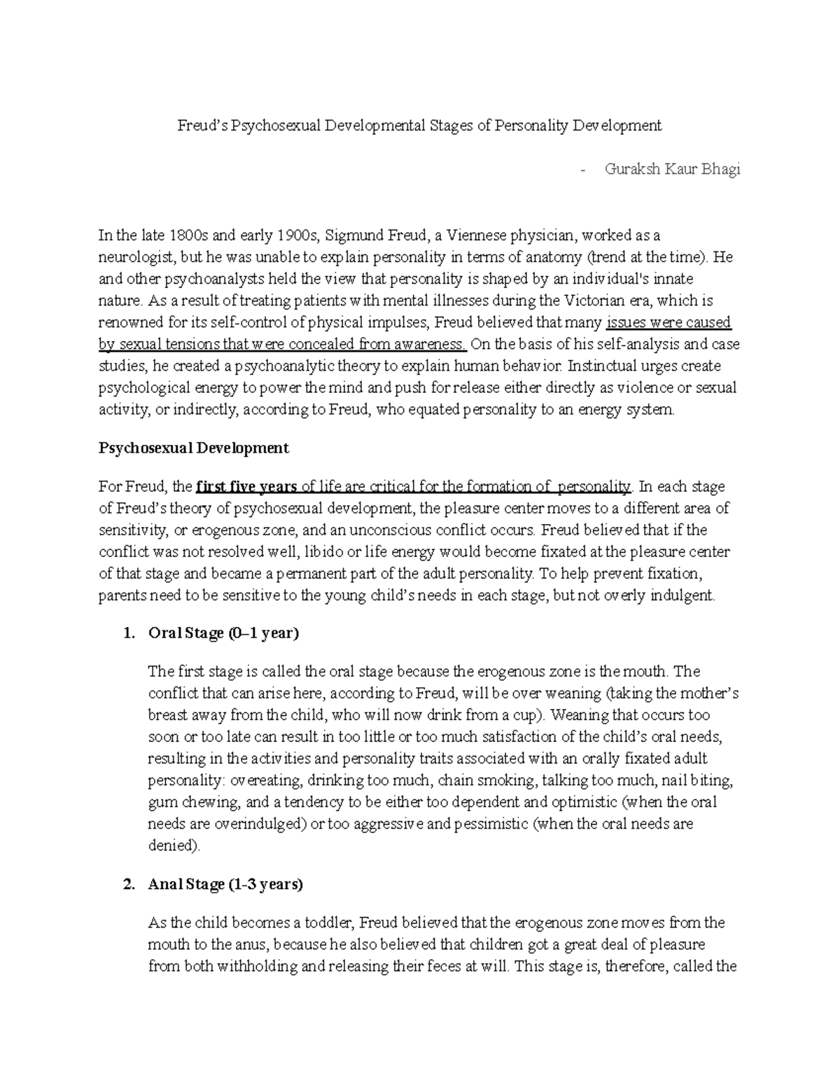 Freud’s Psychosexual Developmental Stages of Personality Development ...