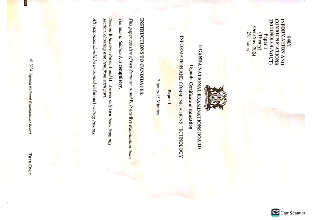 UCE ICT Paper 1 2024 - Exam Guide for Candidates - Studocu