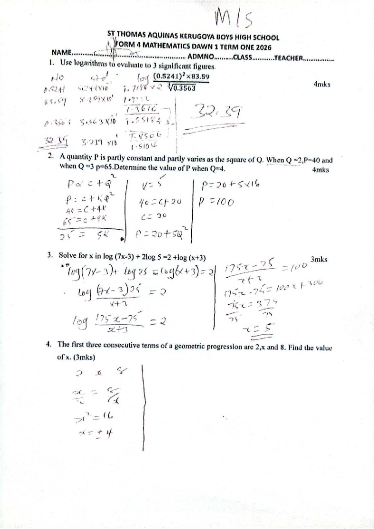 ST THOMAS AQUINAS KERUGOYA FORM 4 MATH DAWN 1 TERM 1 2026 - Studocu