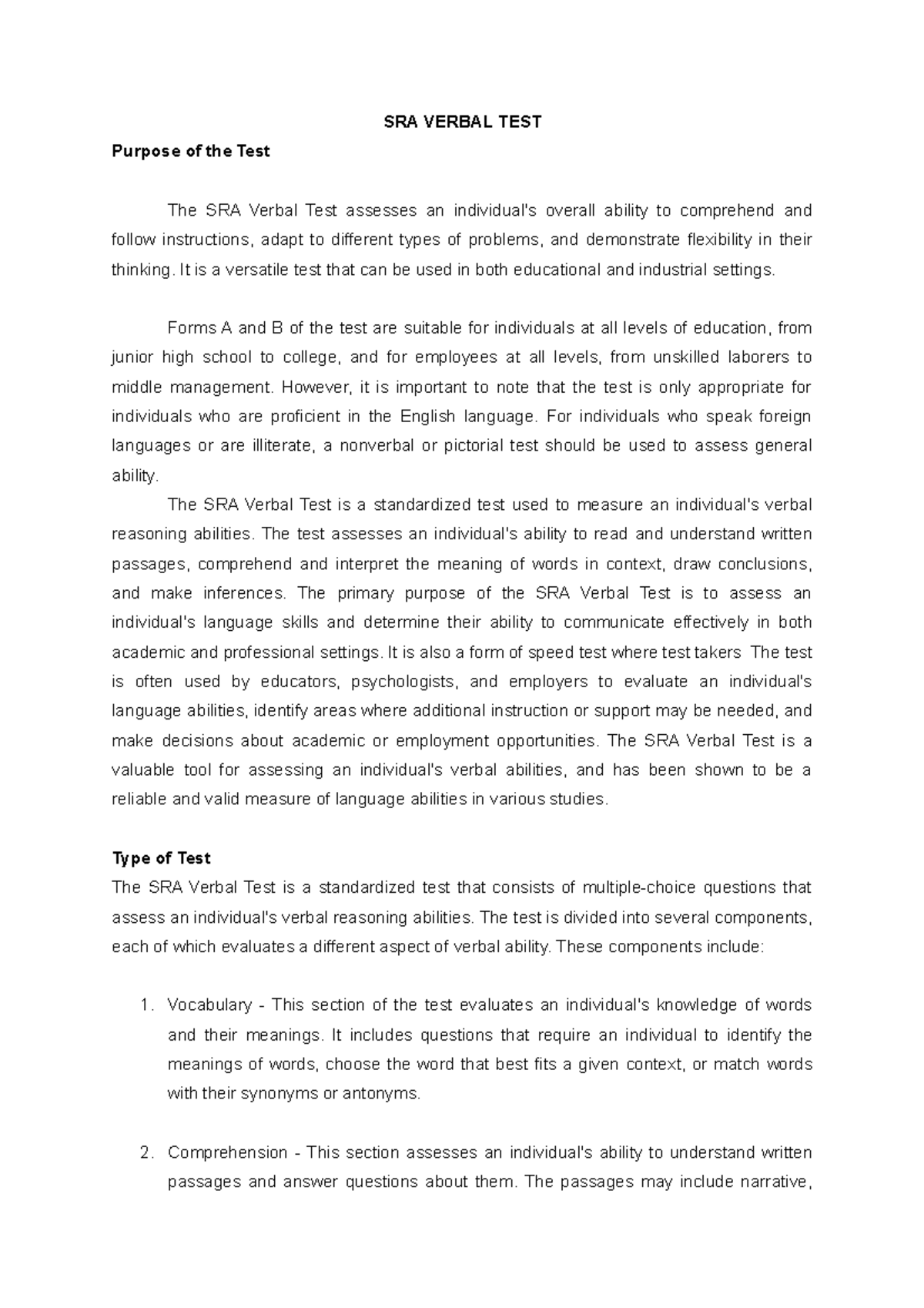 SRA Verbal and Raven Matrices Test Evaluation - BOTHIG - Studocu