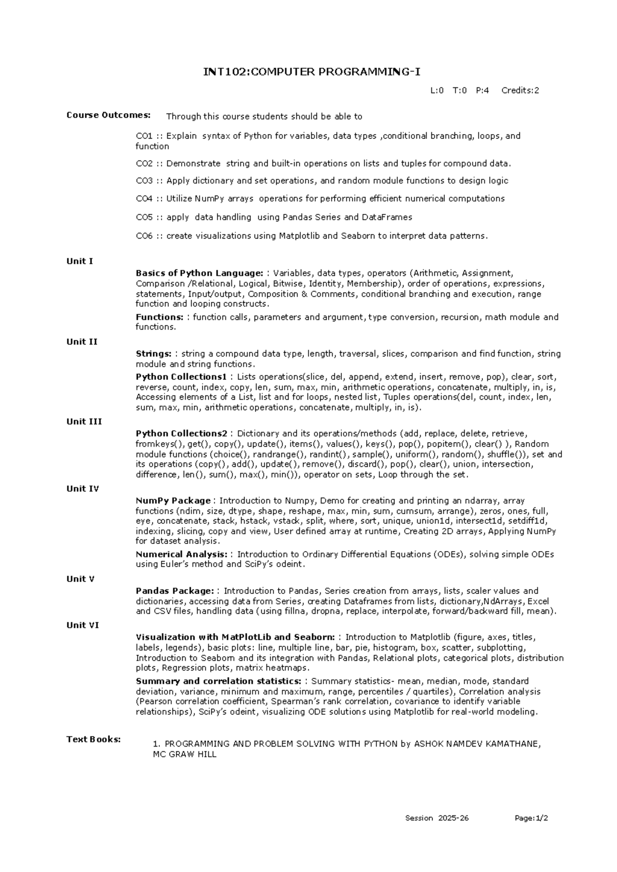 INT102: Computer Programming Syllabus and Course Outcomes - Studocu