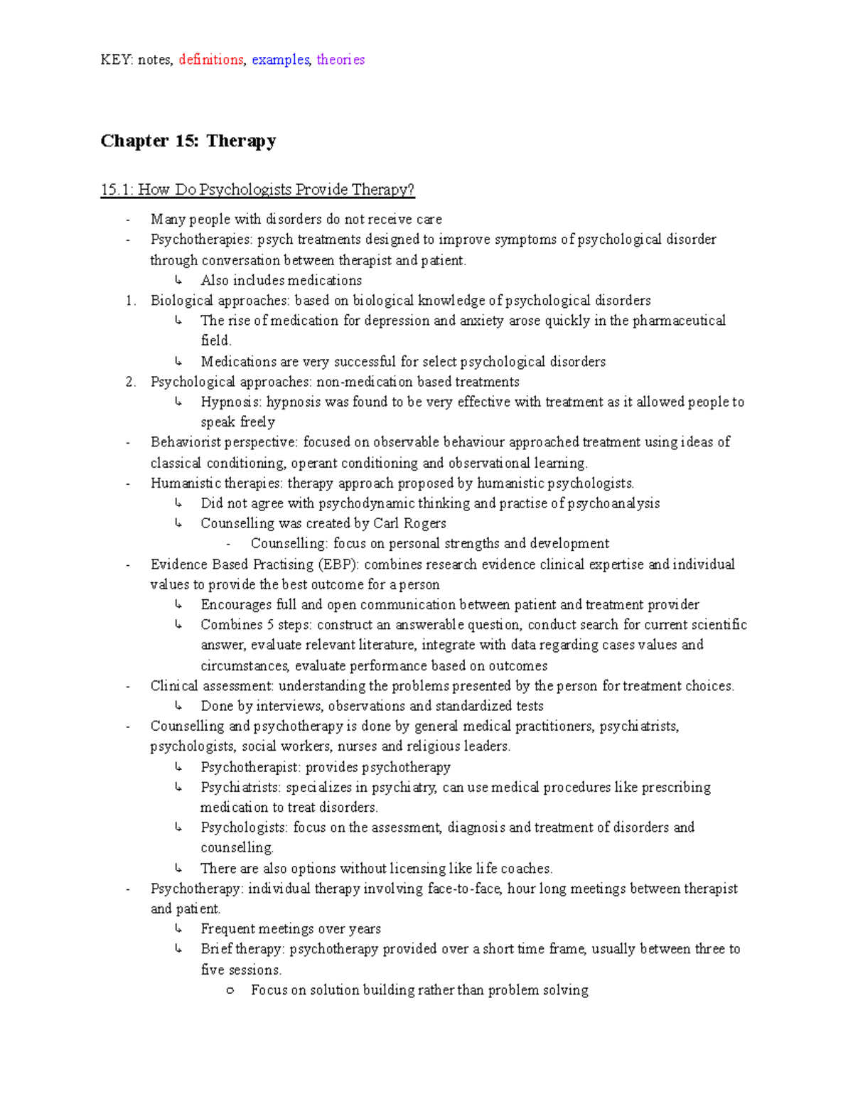 Chapter 15: Therapy Overview and Treatment Approaches - Studocu