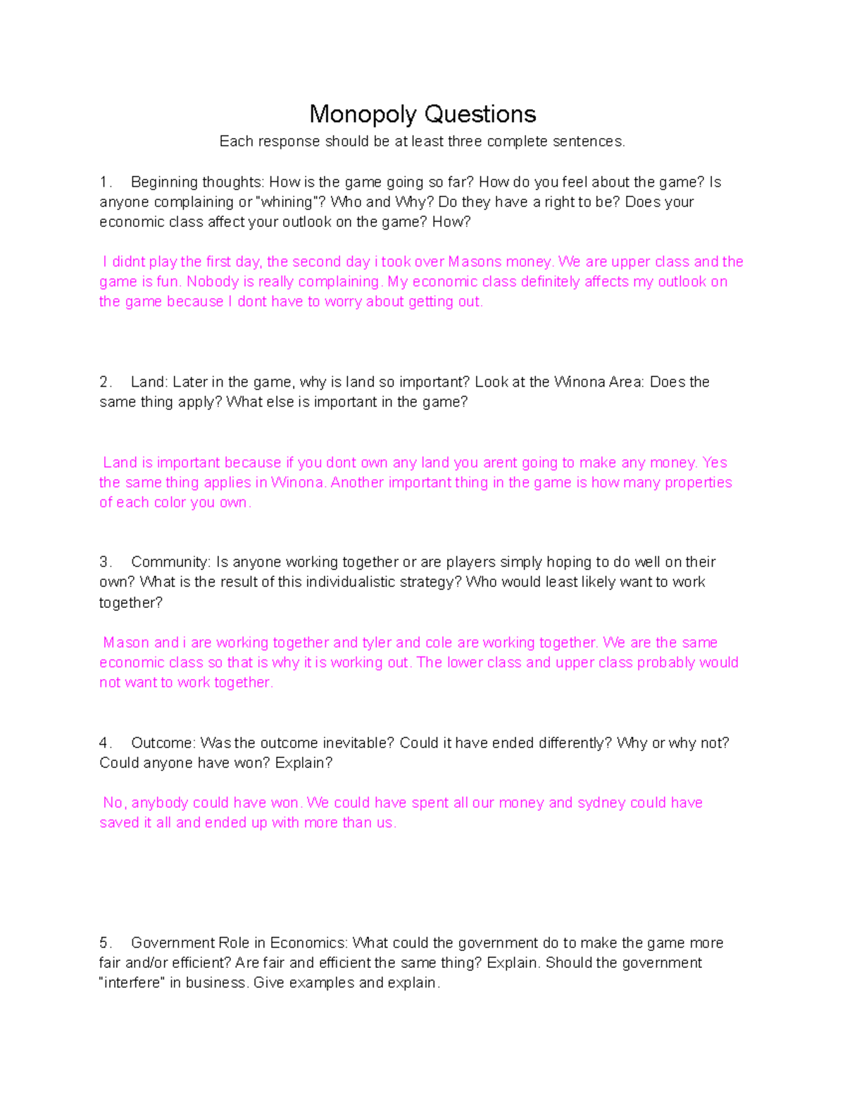 Monopoly Reflection Questions and Economic Insights - Class Activity ...