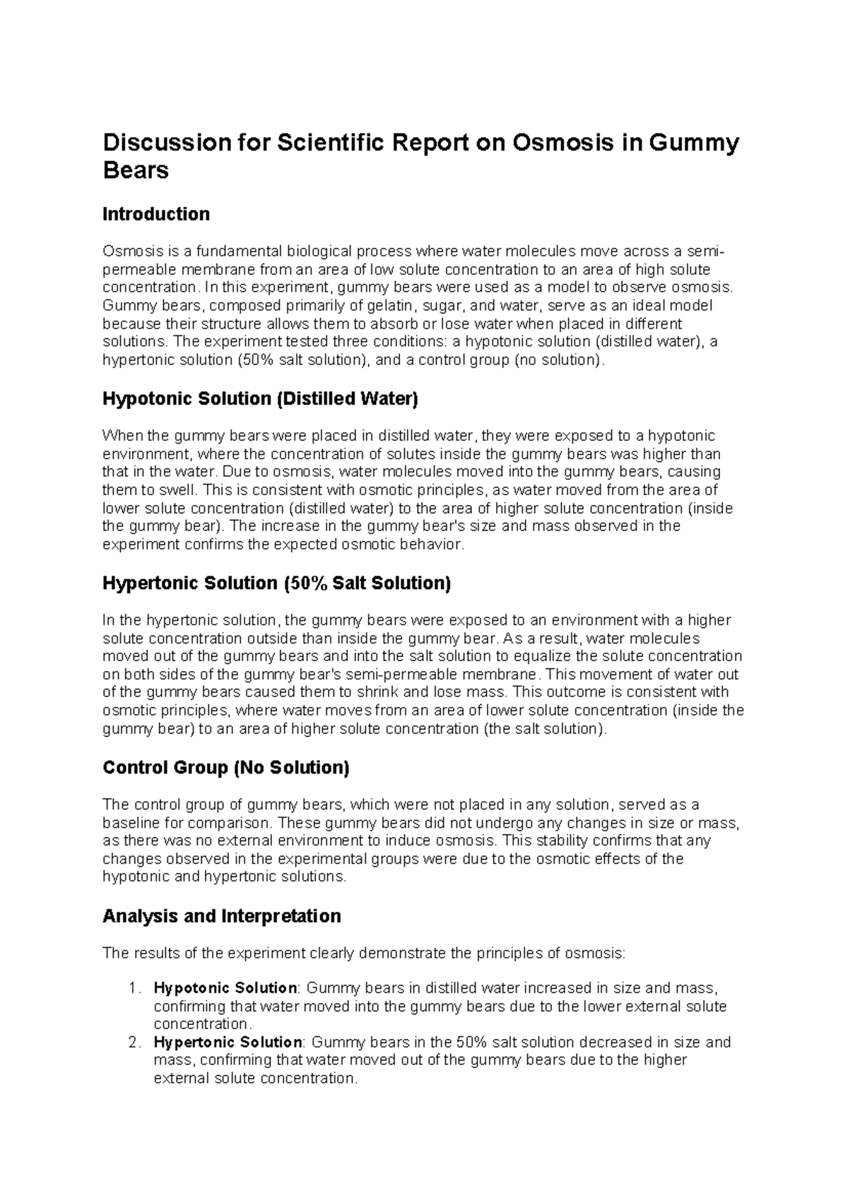 Scientific Report Discussion: Osmosis Effects on Gummy Bears - Studocu