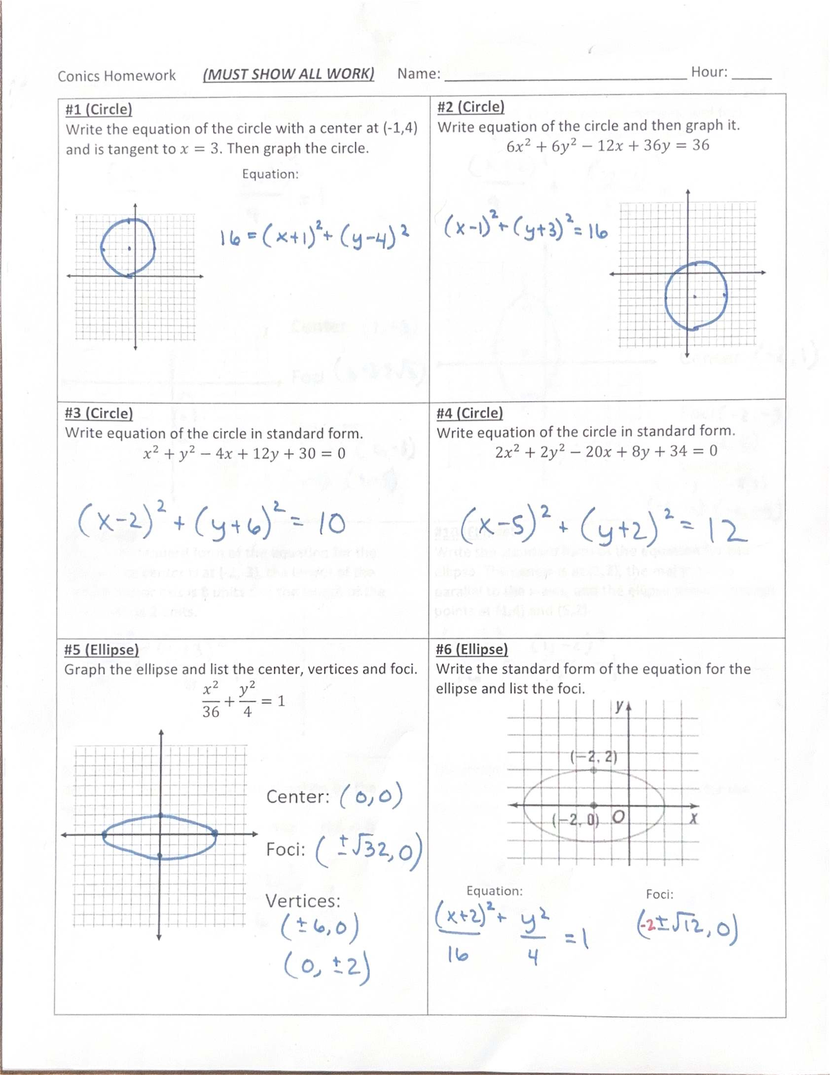 Conics Homework Solutions (MATH 101) - Must Show All Work - Studocu