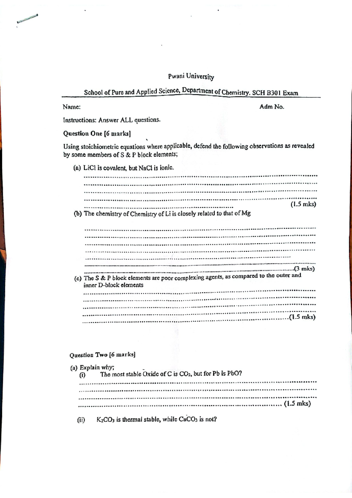 SCH B301 CAT 1 - Chemistry Exam Questions and Observations - Studocu
