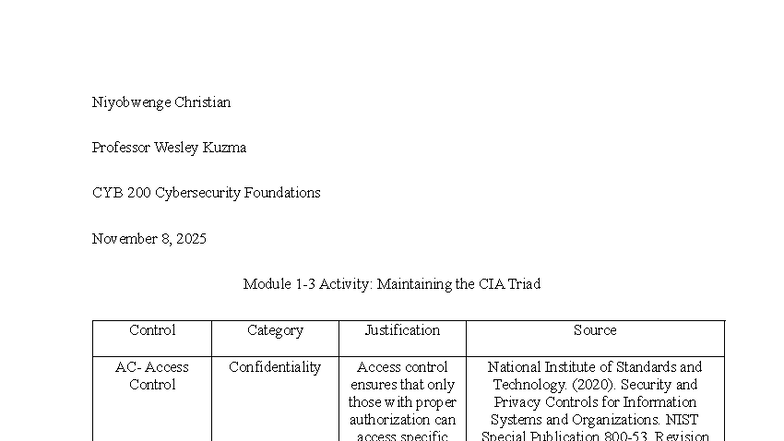 CYB 200 Module Activity: CIA Triad Control Justification - Studocu