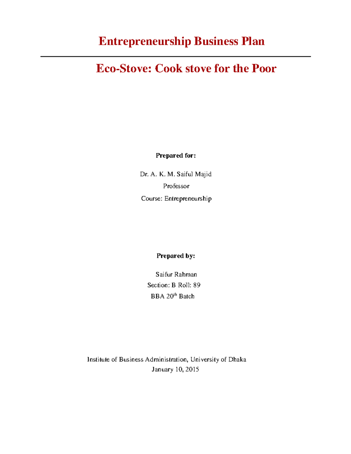 Entrepreneurship BBA: Eco-Stove Business Plan for Sustainable Cooking - Studocu