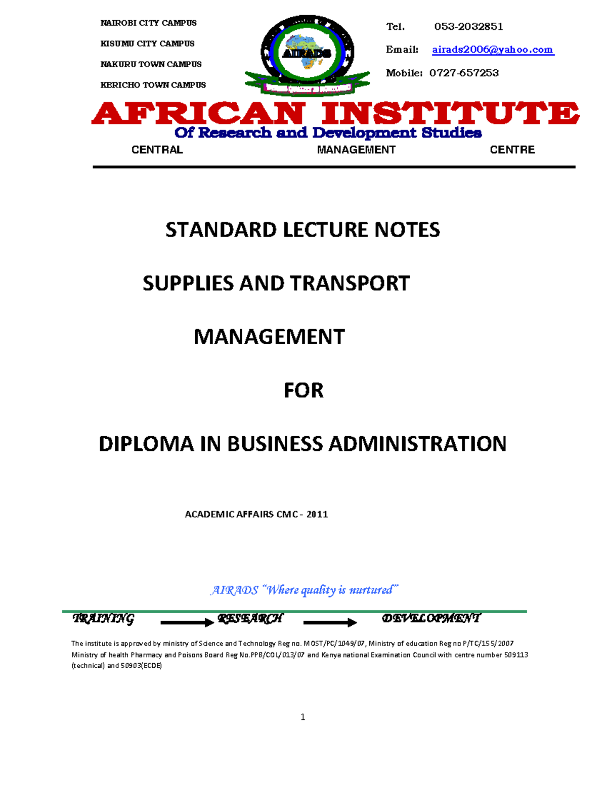 Supplies & Transport Management Lecture Notes for DBM 101 - Studocu