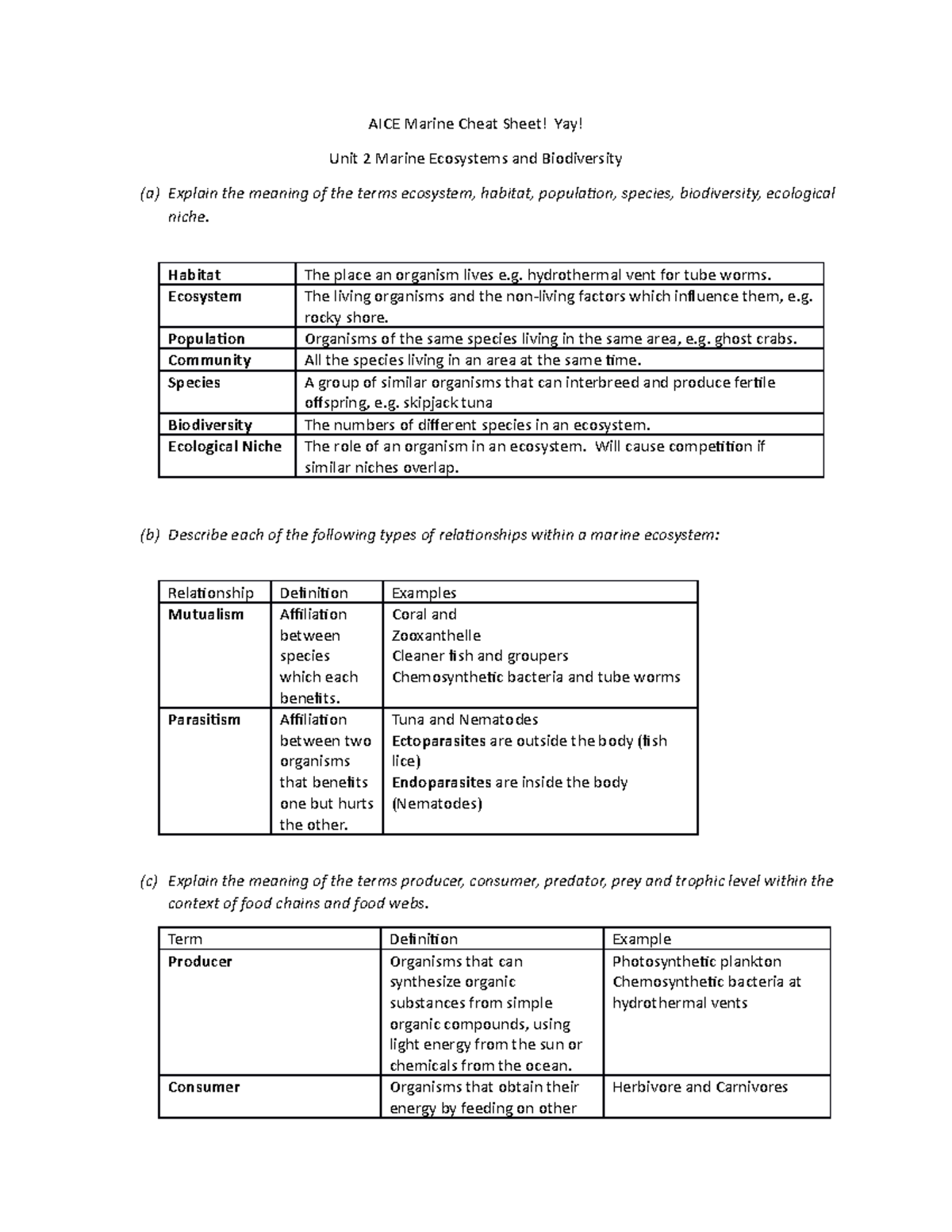AICE Marine Unit 2-7 Lecture Cheat Sheet: Ecosystems, Reefs, and ...