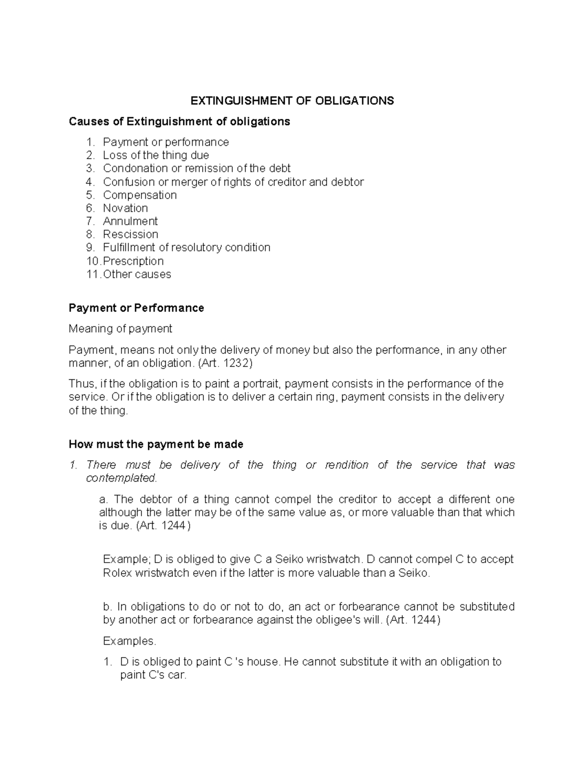 Modes of Extinguishment of Obligations - Summary and Key Concepts - Studocu