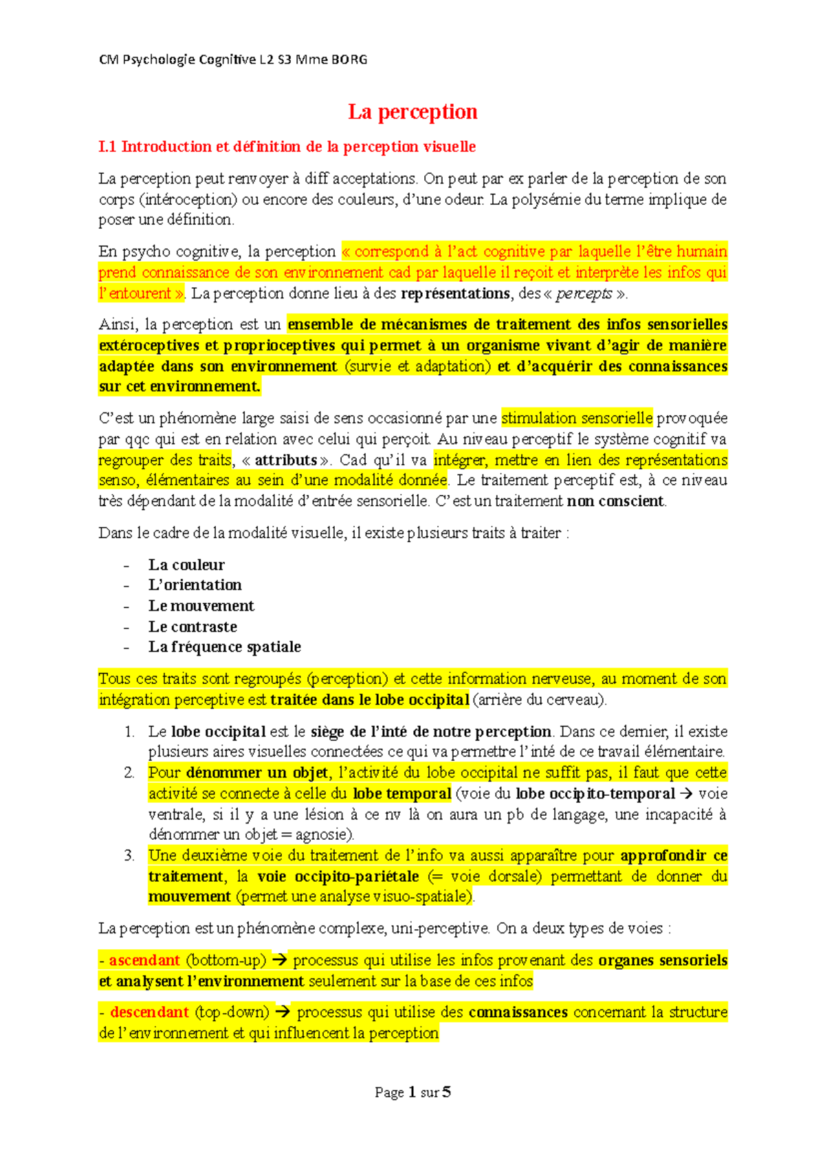 Chapitre 1 La perception - La perception I Introduction et définition ...