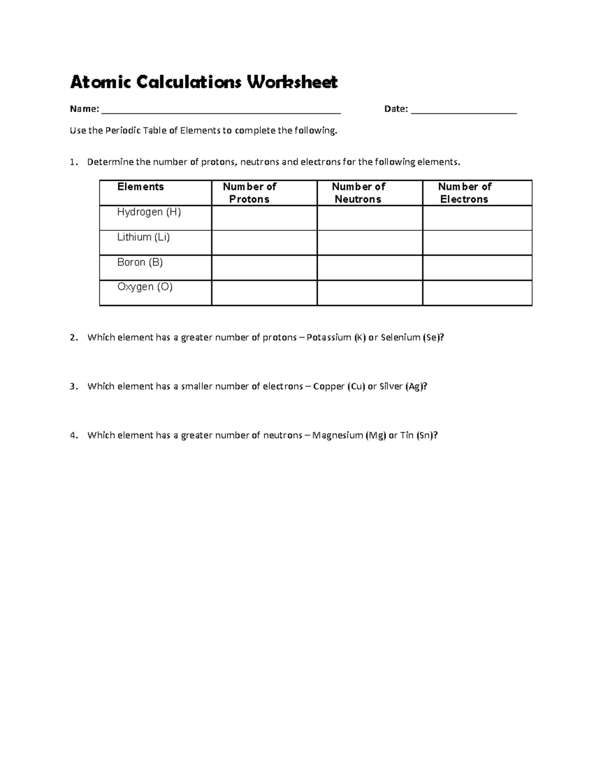 Atomic calculations worksheet ra2 - Determine the number of protons ...