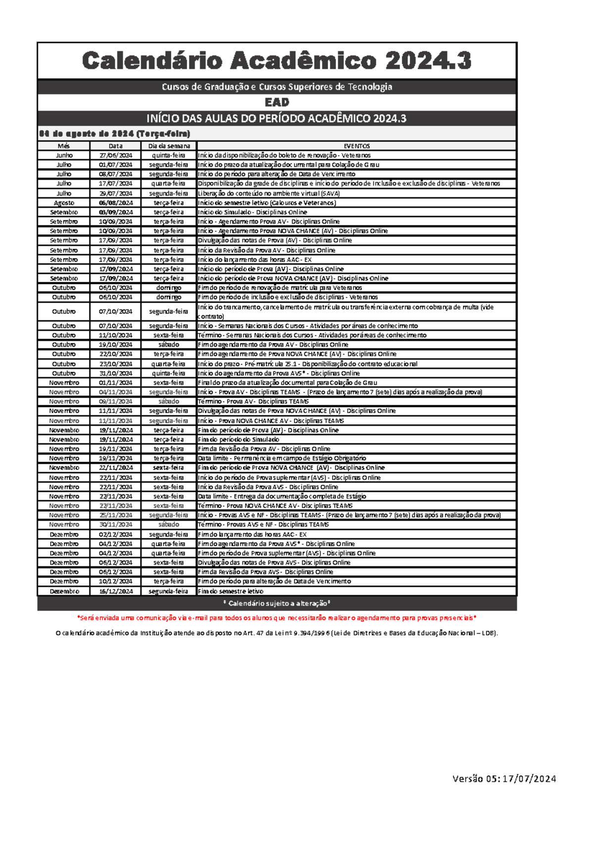 Calendário Acadêmico EAD 2024 - 06 de agosto de 2024 (Terça-feira) Mês ...
