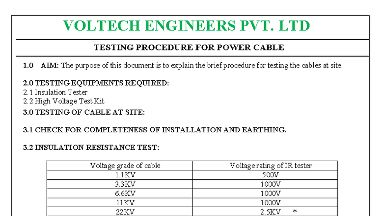VOLTECH ENGINEERS PVT. LTD Power Cable Testing Procedure - Studocu