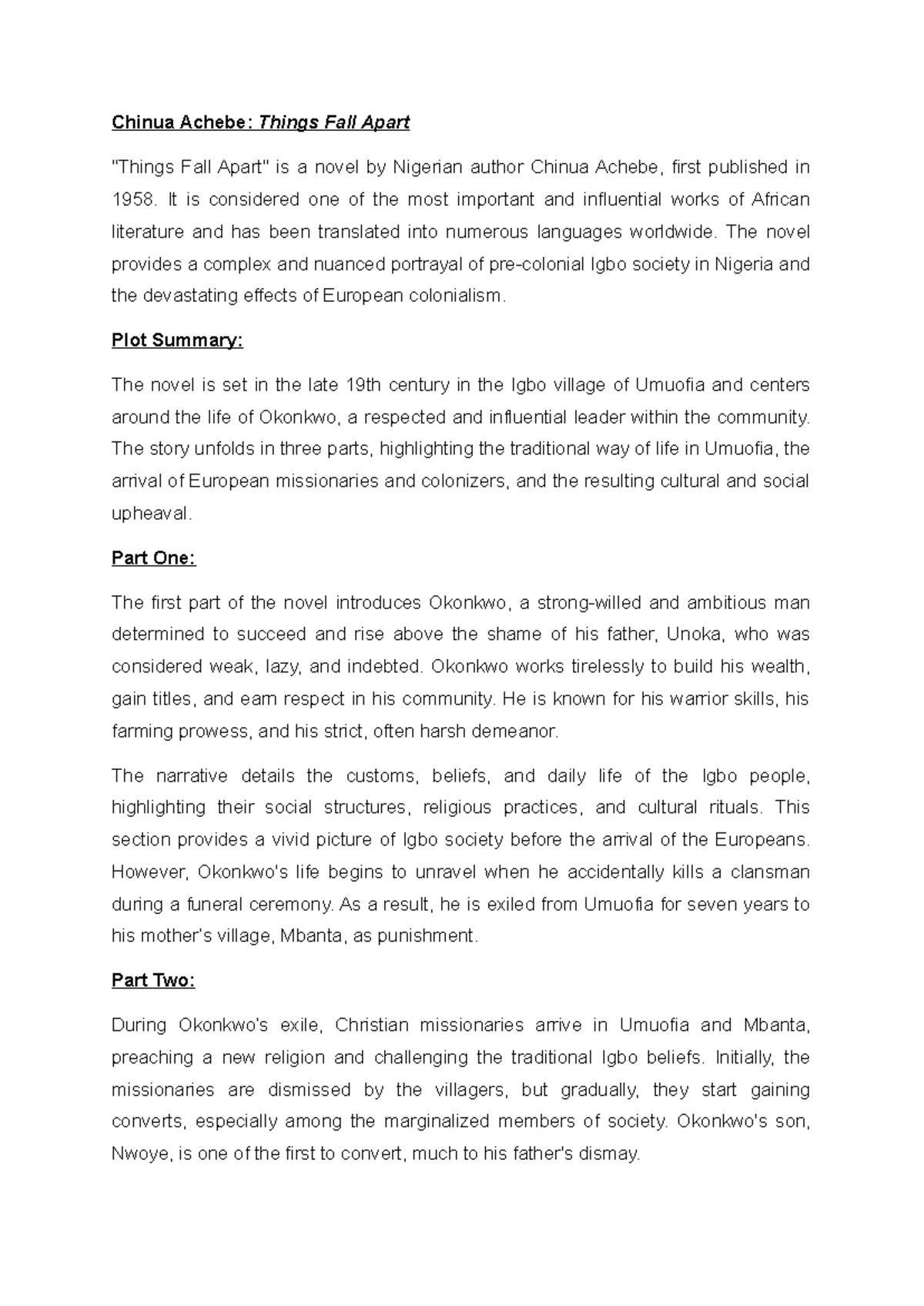 Things Fall Apart (ENG101) - Comprehensive Study Notes & Analysis - Studocu