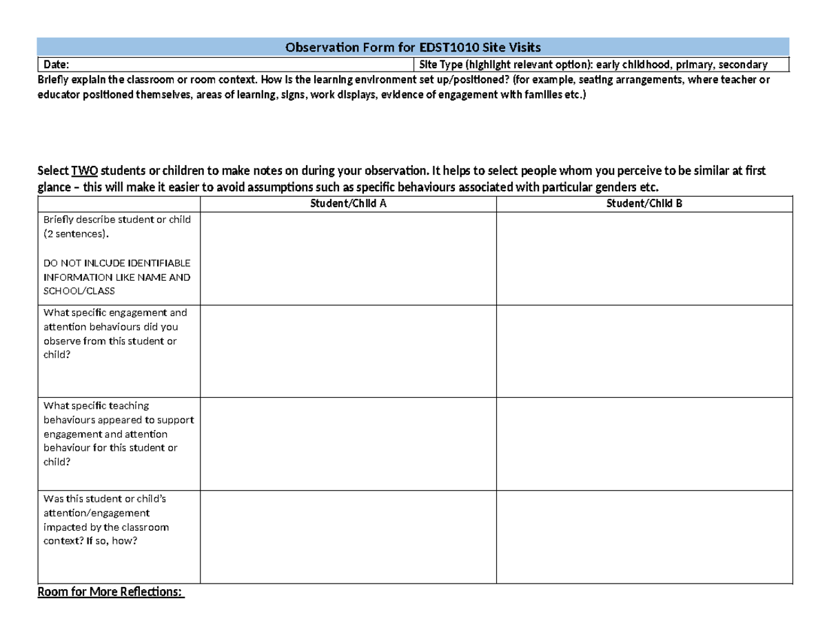 EDST1010 Site Visit Observation Form 2024 - Observation Form for ...