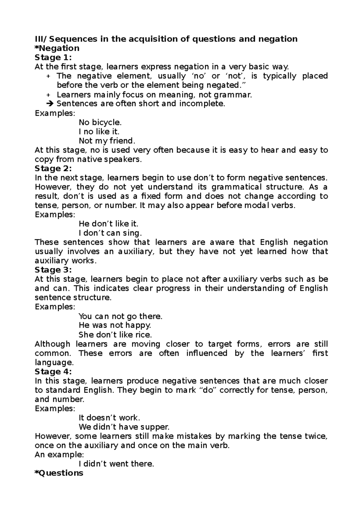Acquisition of Questions & Negation: Stages of Learning - Studocu