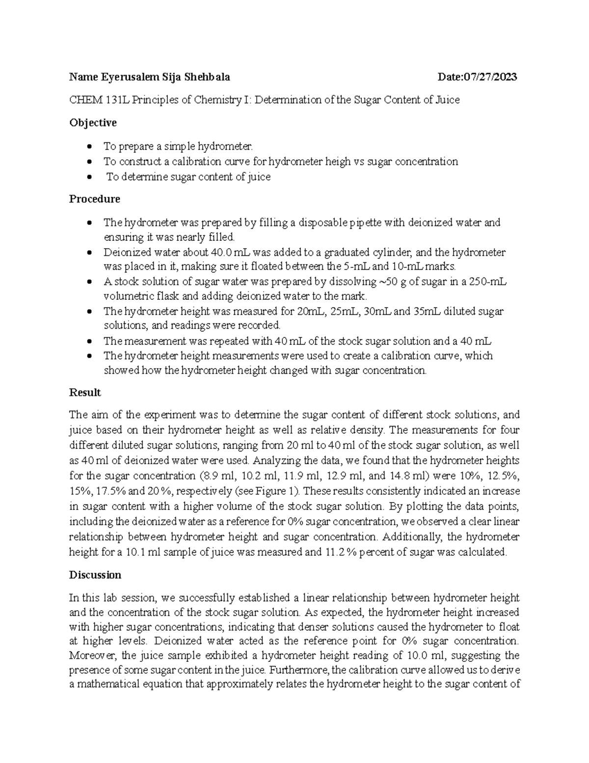 CHEM 131L Lab Report: Sugar Content Analysis in Juice Using Hydrometer ...