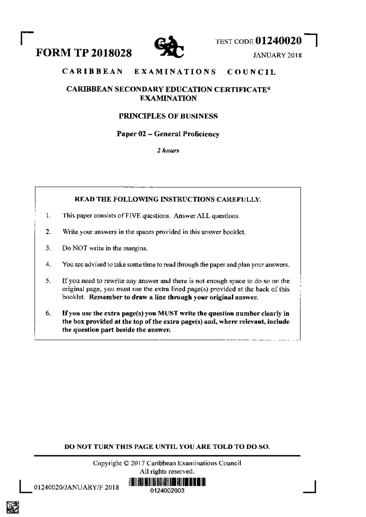 CSEC POB January 2018 Exam Paper 02 - General Proficiency - Studocu