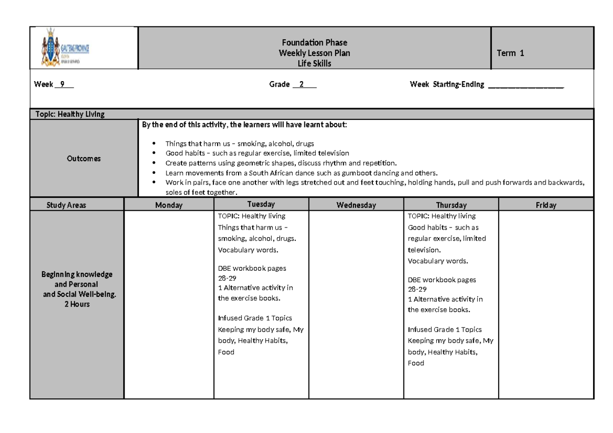 LIFE Skills Lesson Plan G2 Term 1: Healthy Living Week 9 - Studocu