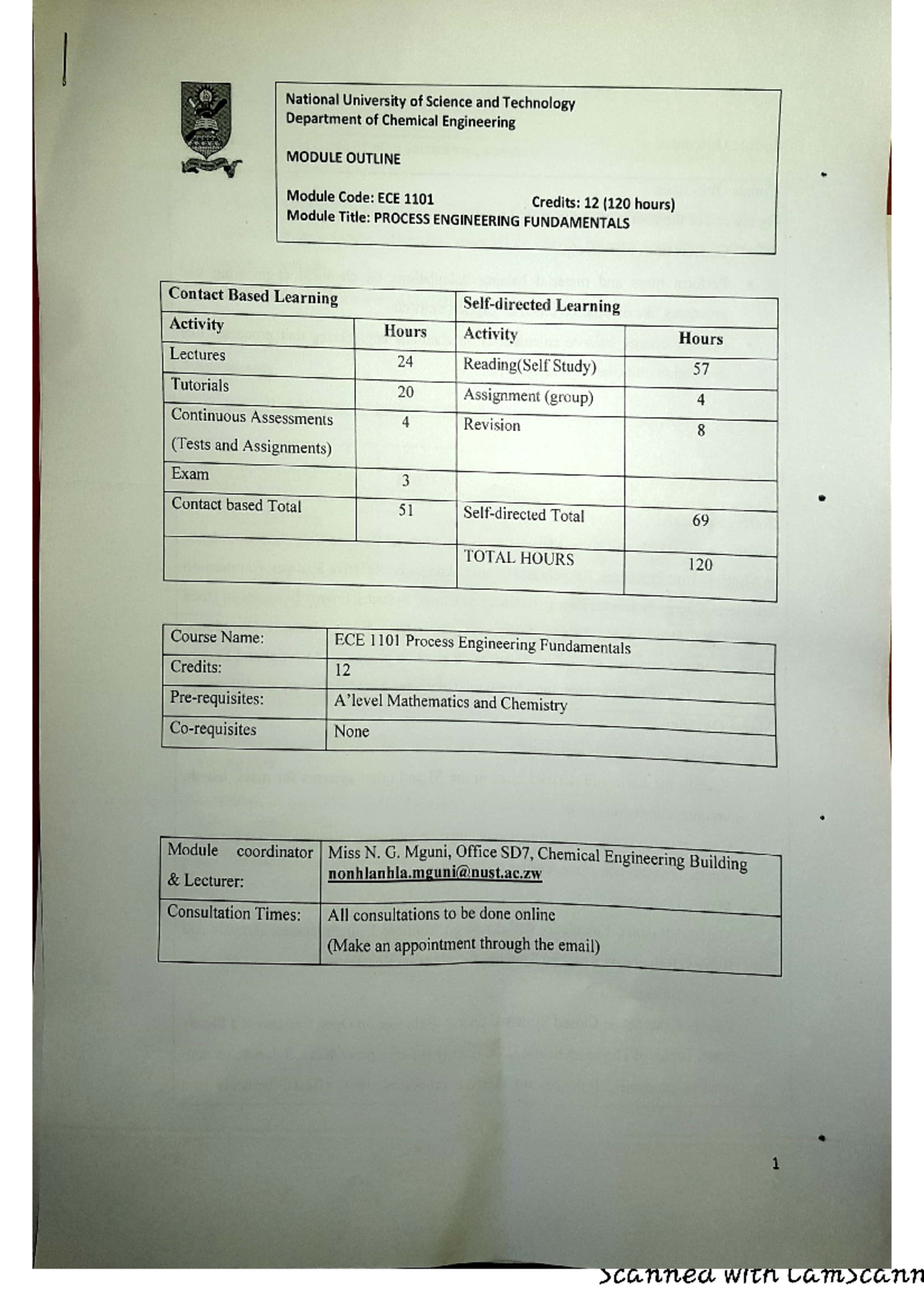 ECE 1101 Course Outline: Process Engineering Fundamentals Overview ...
