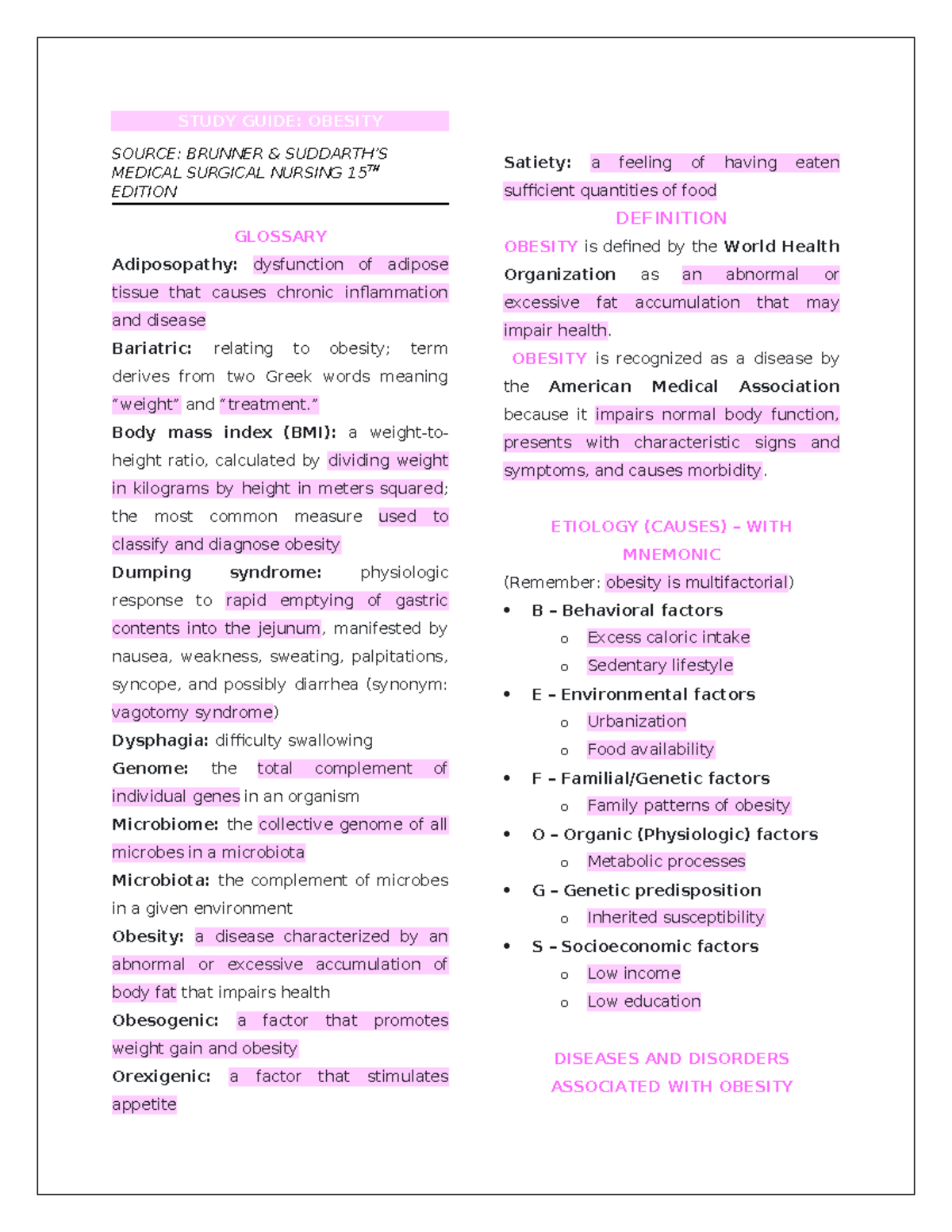 Study Guide: Obesity - Disease, Treatment, and Intervention (NURS 101 ...