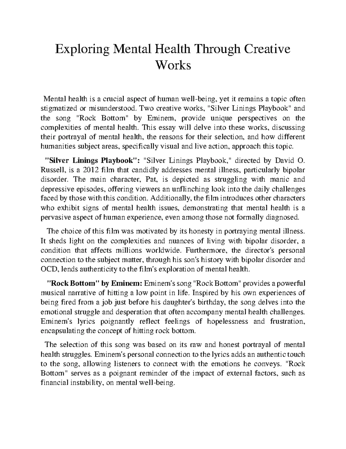HUM 102 Week 4 Project Draft: Mental Health in Art and Society - Studocu