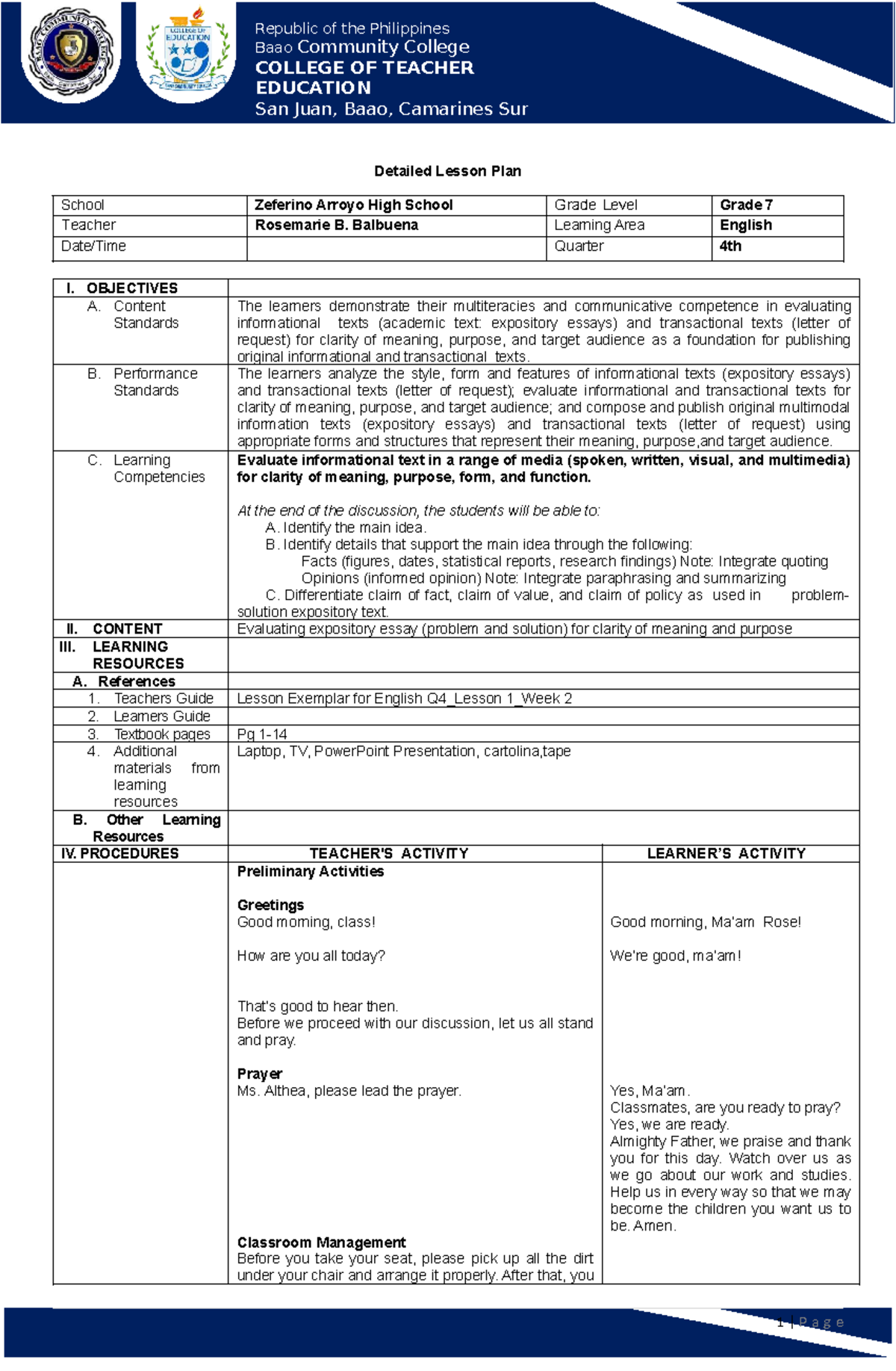 COT 1 Detailed Lesson Plan: Evaluating Expository Texts in Grade 7 ...