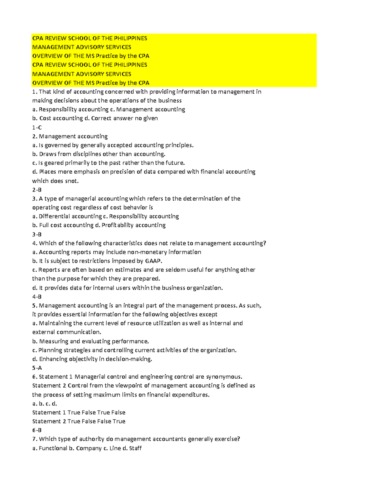 Sample Questions for CPA Management Advisory Services Exam - Studocu