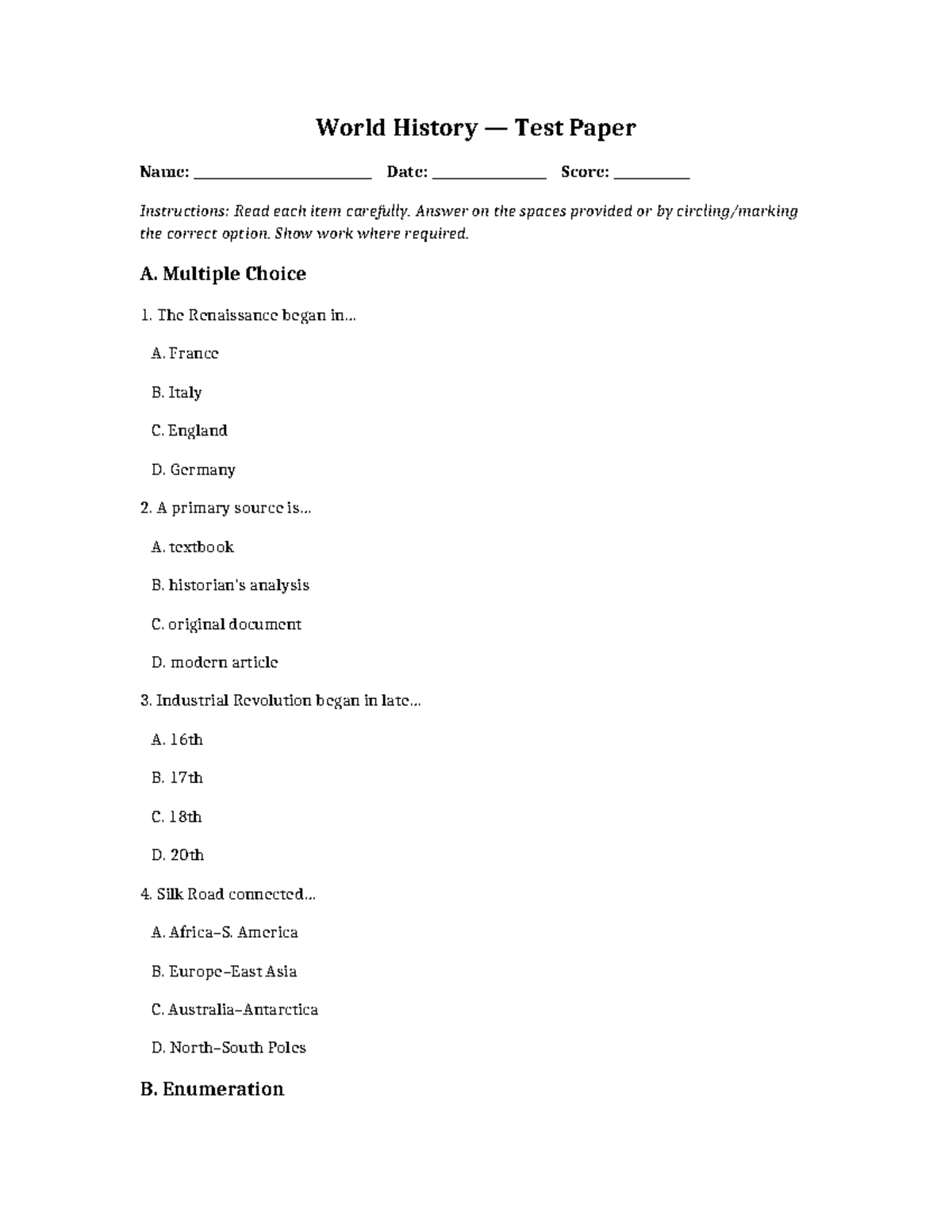 World History Quiz: Key Concepts & Events - Studocu