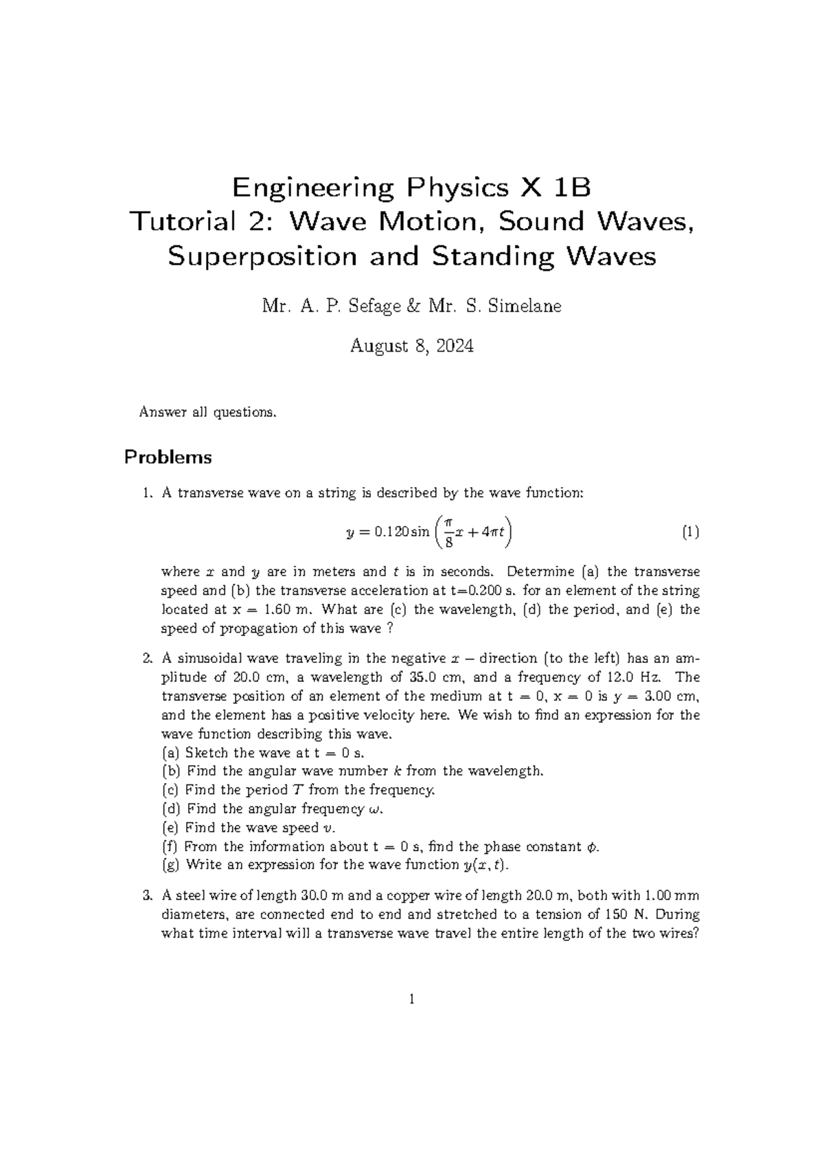 Engineering Physics X 1B Tutorial 2: Wave Motion & Sound Waves 2024 ...