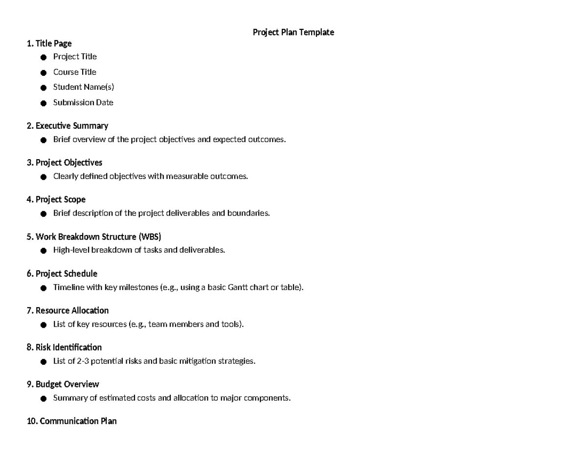 Project Plan Template - Title Page Project Title Course Title Student ...