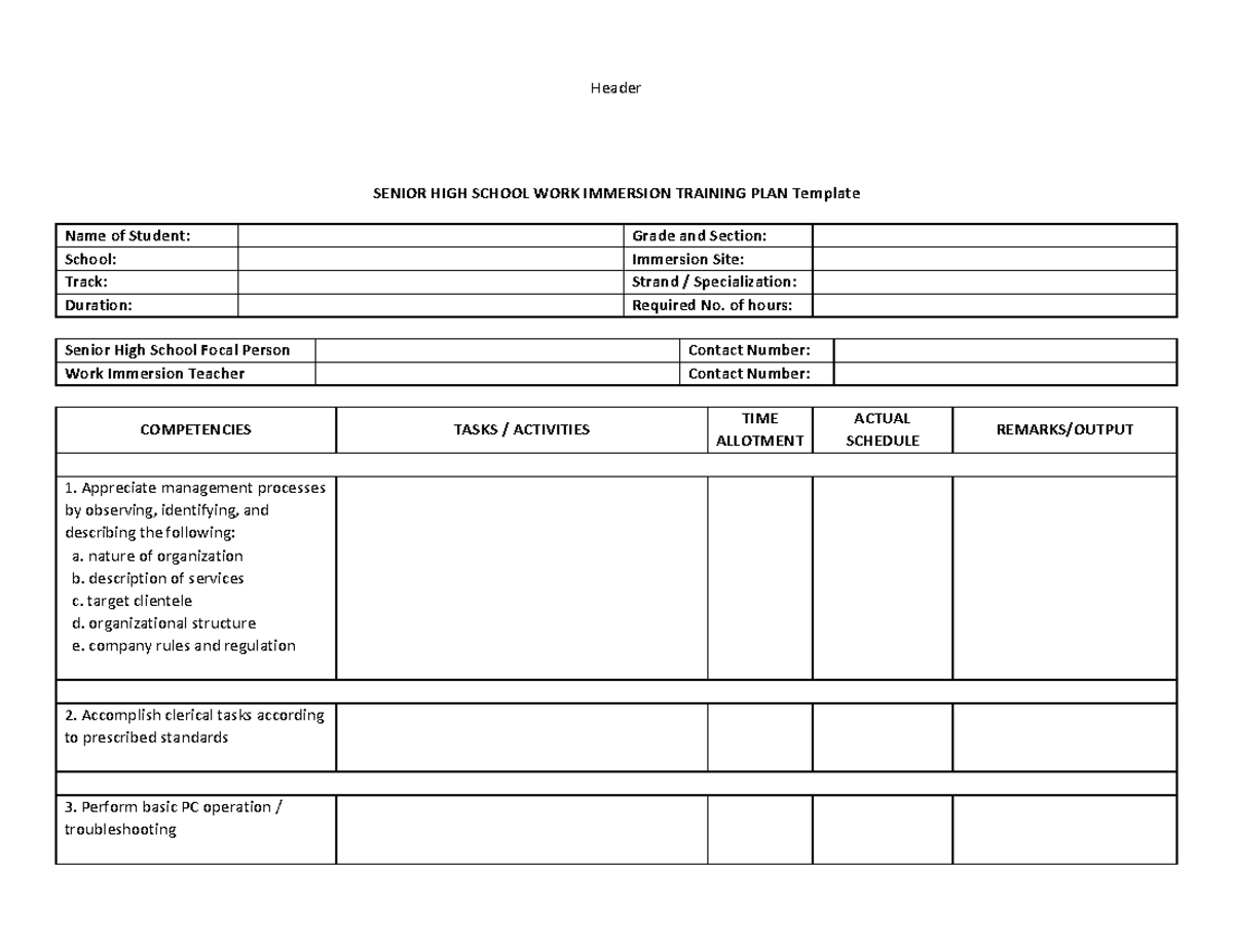 SHS Work Immersion Training Plan Template: Tasks & Competencies - Studocu