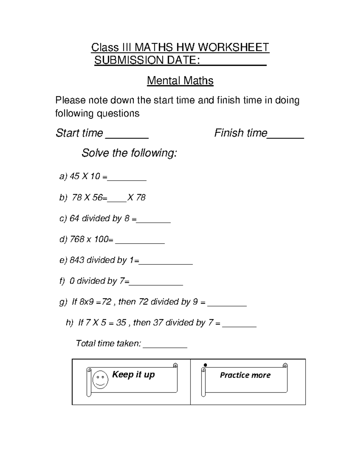 CBSE Class 3 Mathematics Worksheet (43) - Mental Maths - Class III ...